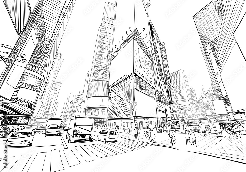Times square. New York. USA. Hand drawn city sketch. Vector ...