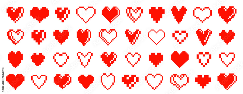 8bit pixel hearts vector logos or icons set, retro game from 90s 8 bit ...