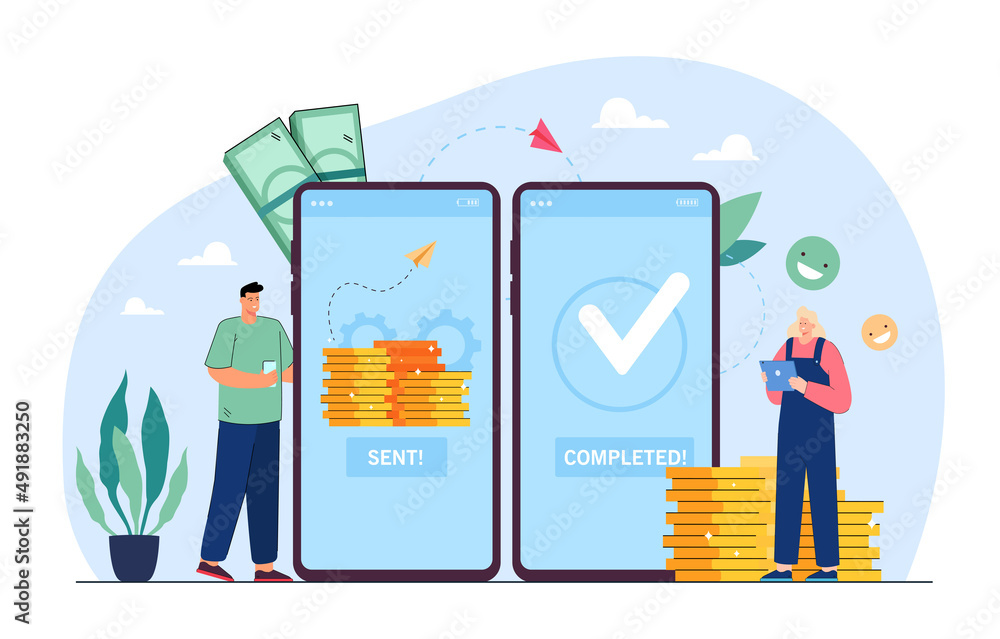 Mobile payment transfer flat vector illustration. Tiny man and woman sending and receiving money ...