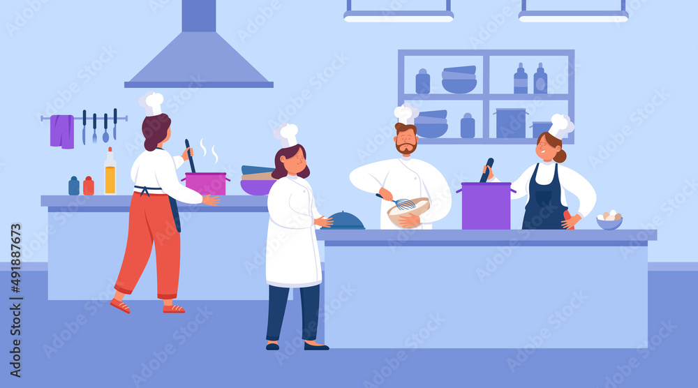 People cooking in commercial kitchen flat vector illustration. Man and ...