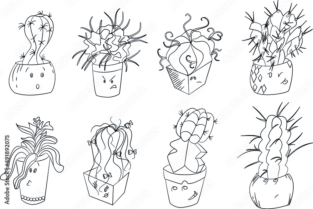 set of hand drawn cute cartoon potted cacti with faces. vector ...