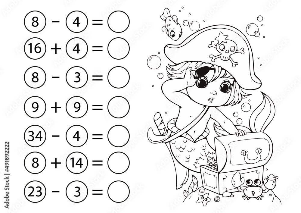 Children's math game, subtraction and addition of numbers. Coloring ...