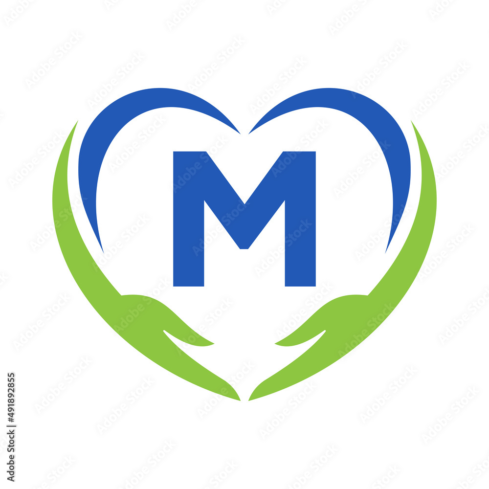 Hand Care Logo On Letter M. Letter M Charity Logo, Healthcare Care ...