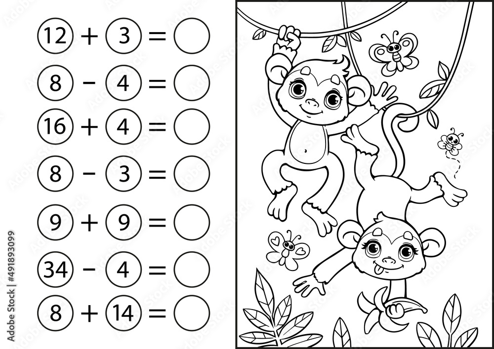 Children's math game, subtraction and addition of numbers. Coloring ...
