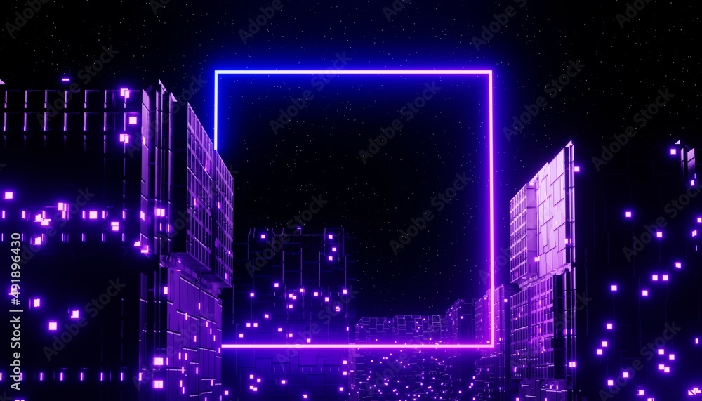 3d render of neon and light glowing on dark scene. Cyber punk night ...