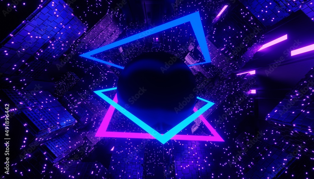 3d render of neon and light glowing on dark scene. Cyber punk night ...