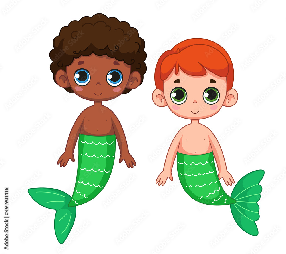 A cute little black boy with a green mermaid tail and a redhead boy ...