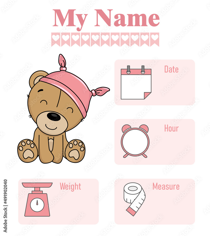 Cute bear. Baby birth print. Baby data template at birth. Weight ...