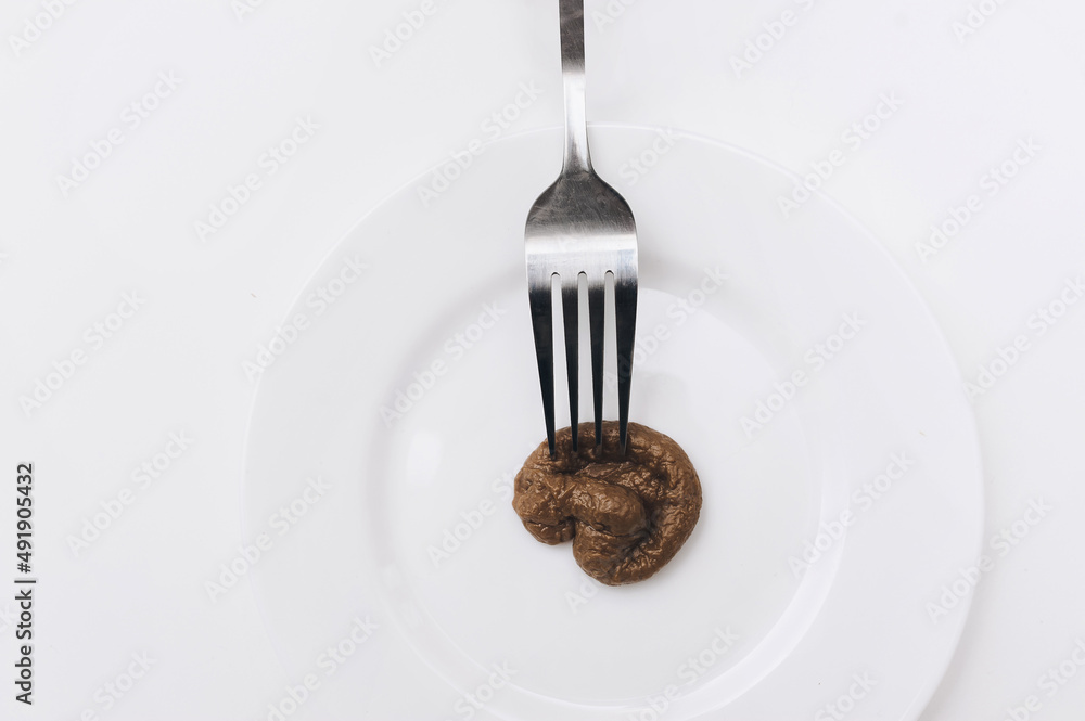 A fork is touching artificial feces lying on a white plate. The concept ...