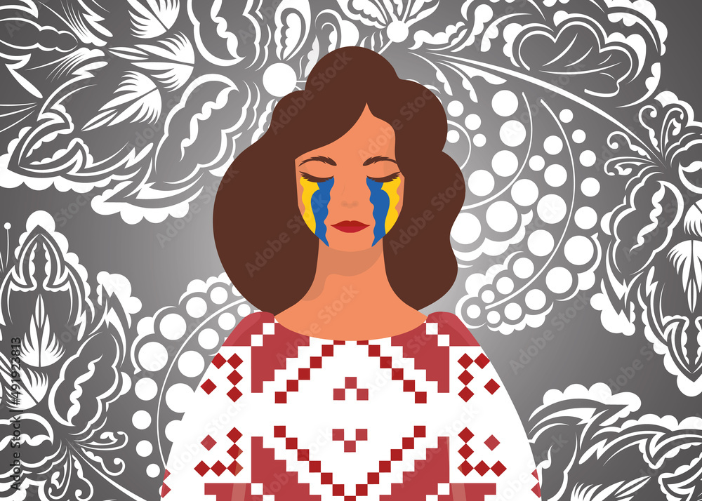 Woman sheds tears with the color of the flag of Ukraine. Pray for ...