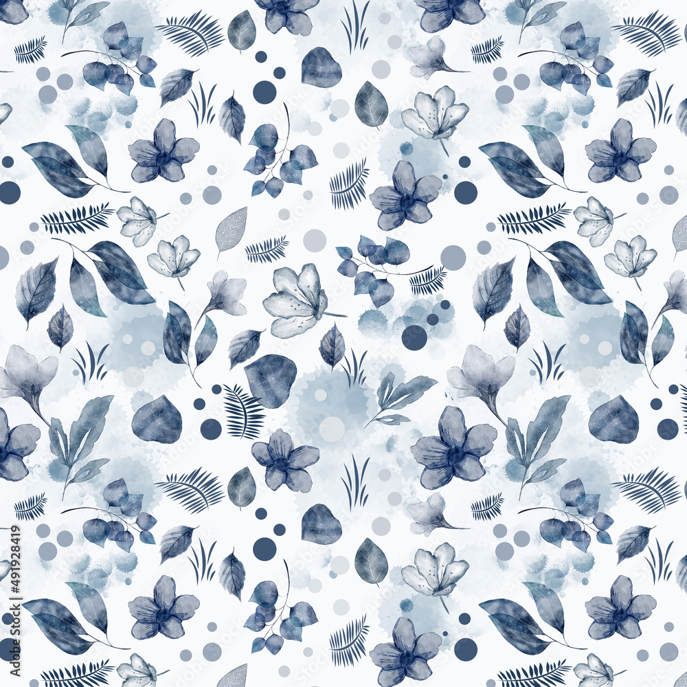 Navy blue and soft white floral botanical background pattern digital ...