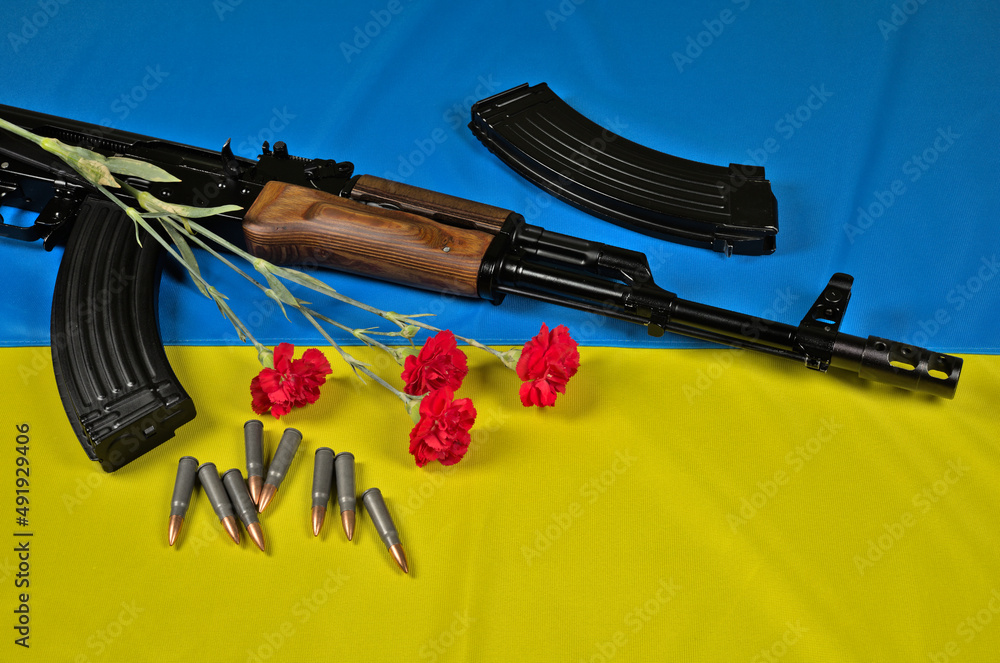 Ak-47 rifle, magazines, ammunition and red flower lying on a Ukrainian ...