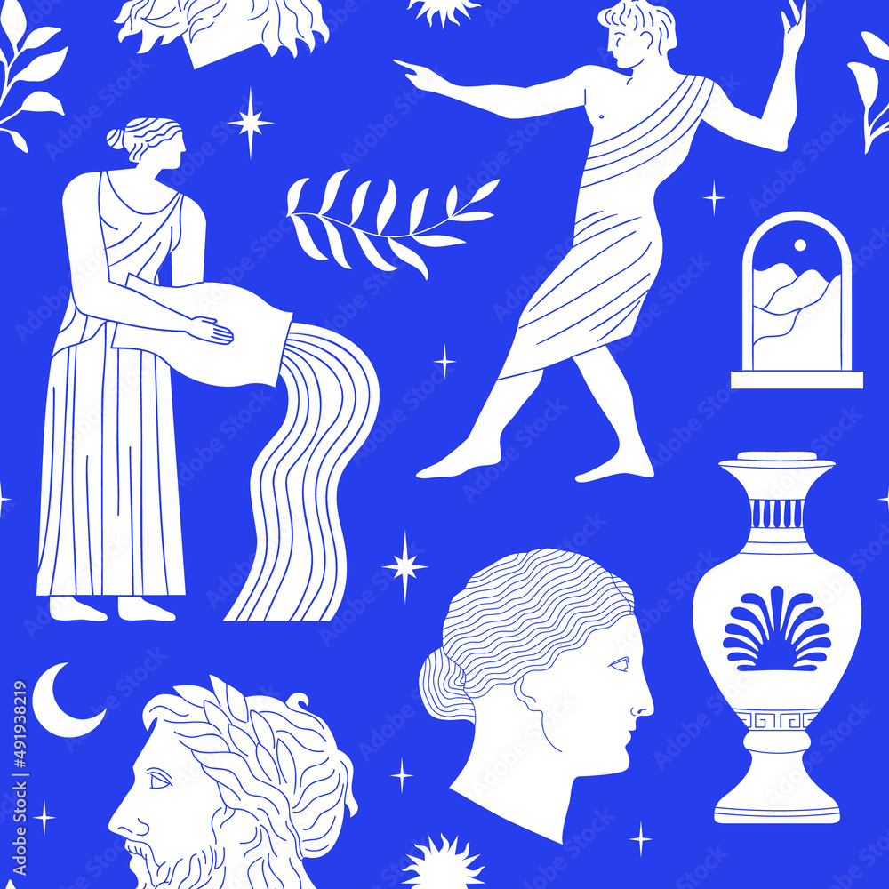Ancient greek statue and classic vintage monument seamless pattern ...