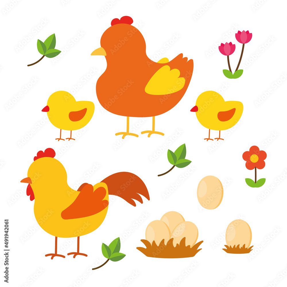 Farm Animals Collection Vector with Chick Hen Rooster Icon Clipart ...