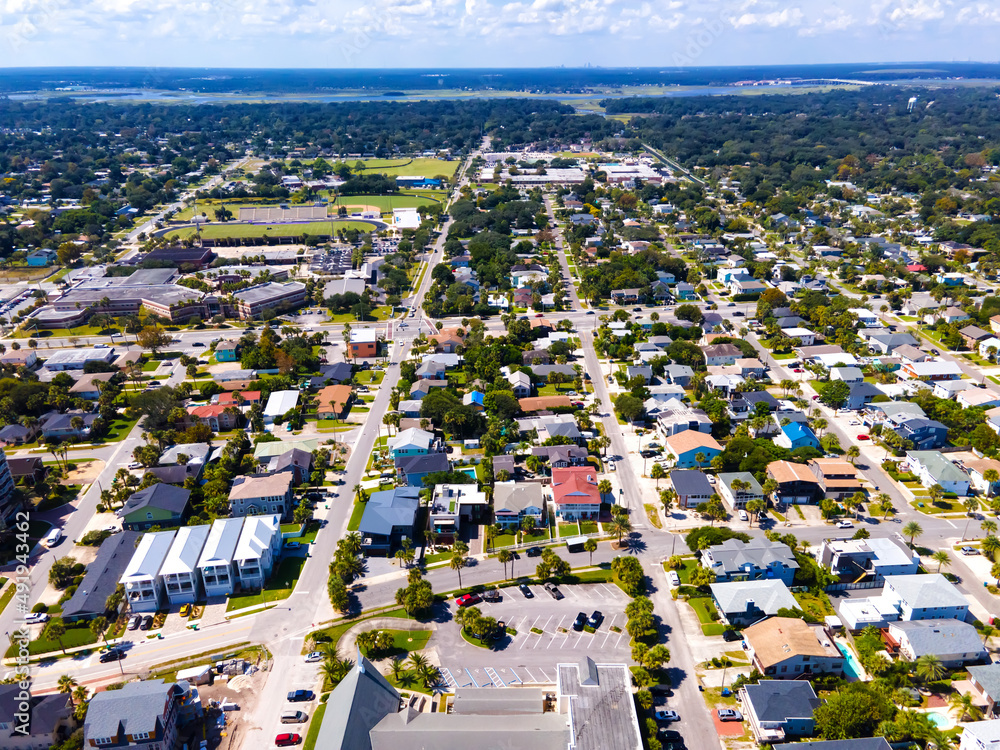 Aerial view of a small city on the Gulf of Mexico in Florida ...