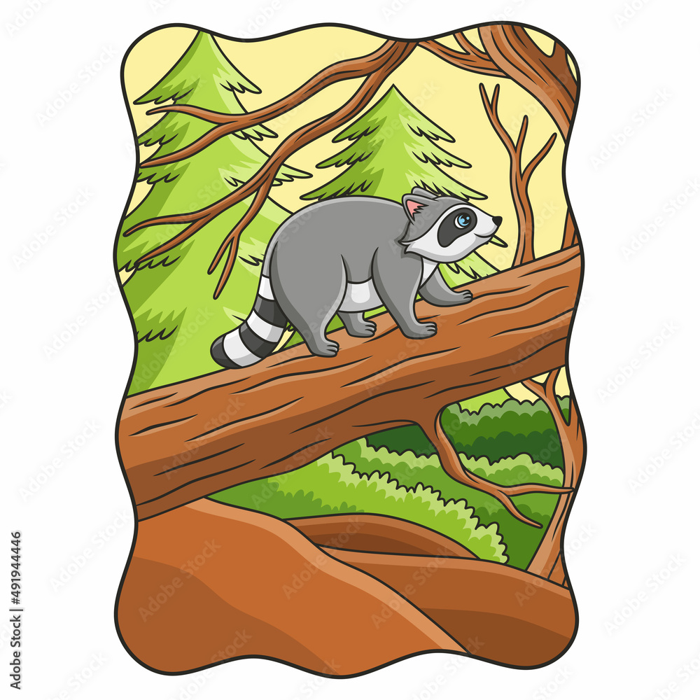 cartoon illustration The raccoon is climbing a large tree trunk that ...