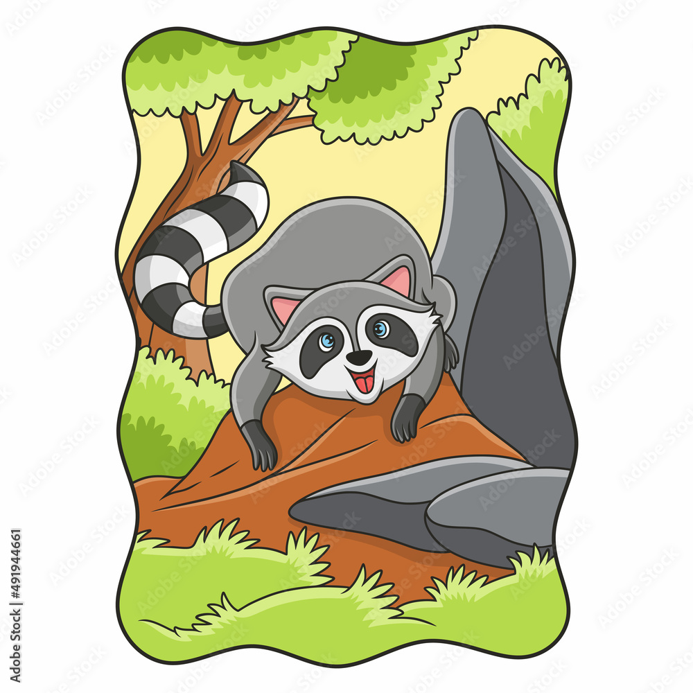cartoon illustration The raccoon is crawling on a large rock in the ...