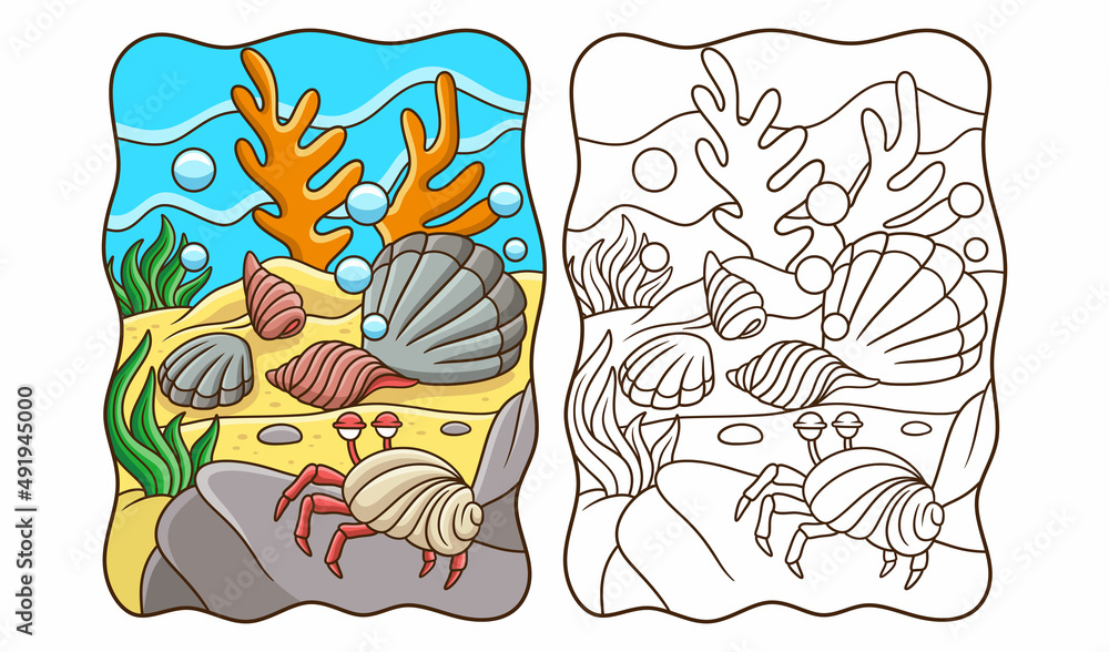 cartoon illustration sea shells are walking over coral reefs to deeper ...