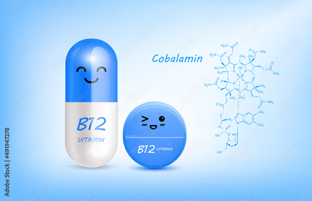 Blue vitamin B12 (Cobalamin) capsule cute cartoon character and ...