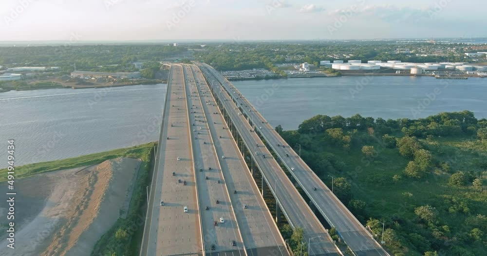 Aerial top view the Alfred E. Driscoll Bridge is a steel truss road ...