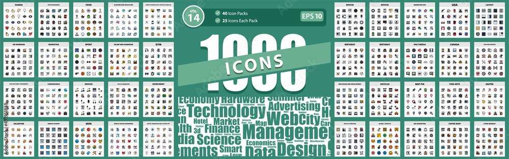 Pack of 1000 Icons multimedia, layout, islam and ramadan, usa, devices ...