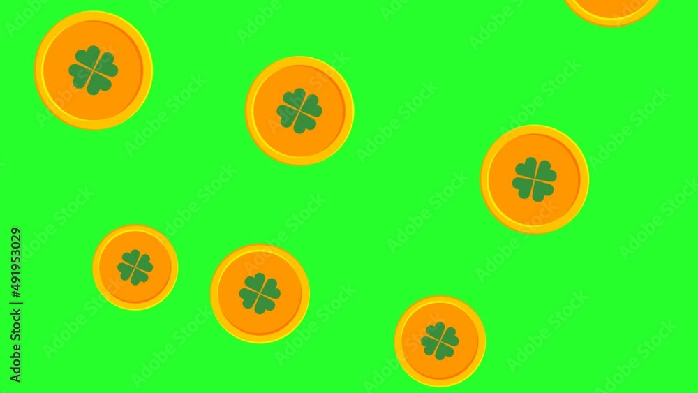 St. Patrick's Day. Flying Clover Leaves coins 2d animation background ...