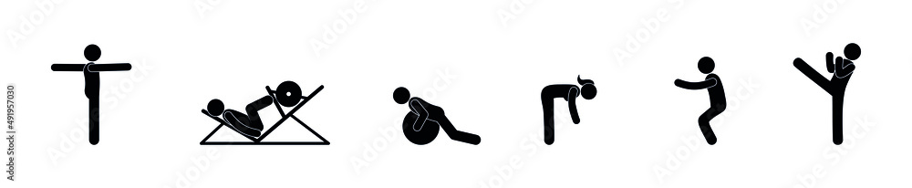 sports icons set, people in the gym, stick man pictogram Stock Vector ...