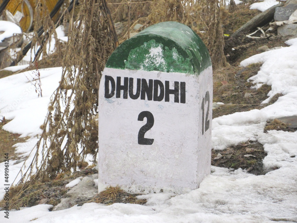 Dhundhi 2km ahead stone sign board Himachal Pradesh At a distance of 28 ...