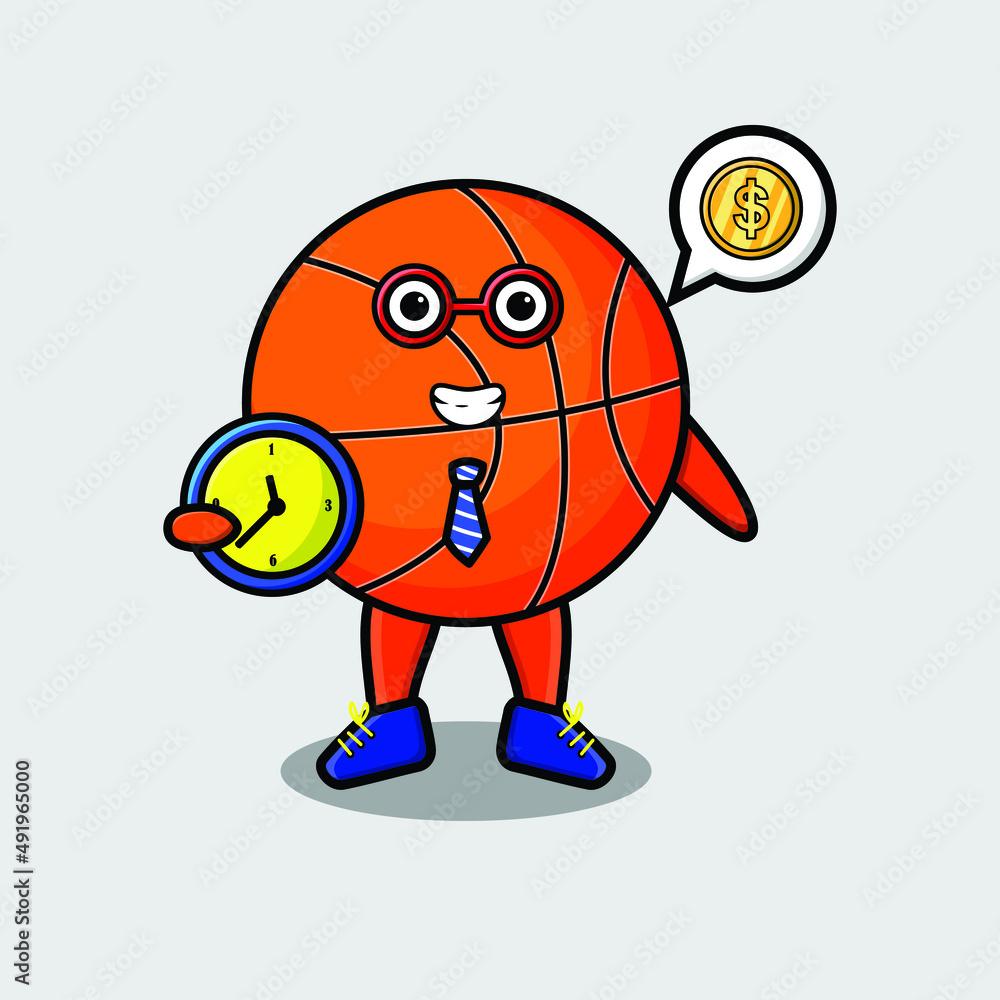 Cute cartoon basketball character holding clock with happy expression ...