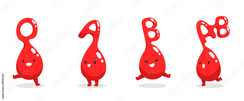 Cute happy blood drop with O A B AB group sign characters set. Flat ...