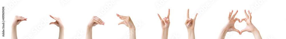 Hand gesture collage. Sign variety collection. Female fingers showing ...