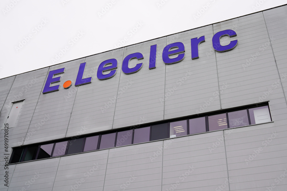 E.Leclerc sign text French logo brand of chain supermarket leclerc ...