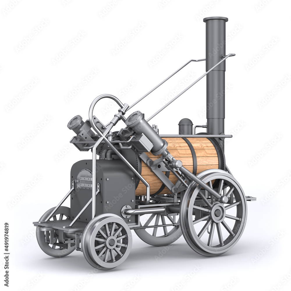 Old fashioned train rear view. Steam locomotive rocket isolated on ...