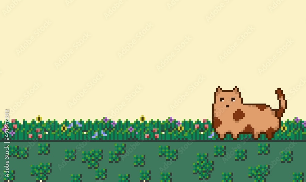 Pixel art wallpaper or background, yellow sky, green grass, flowers and ...