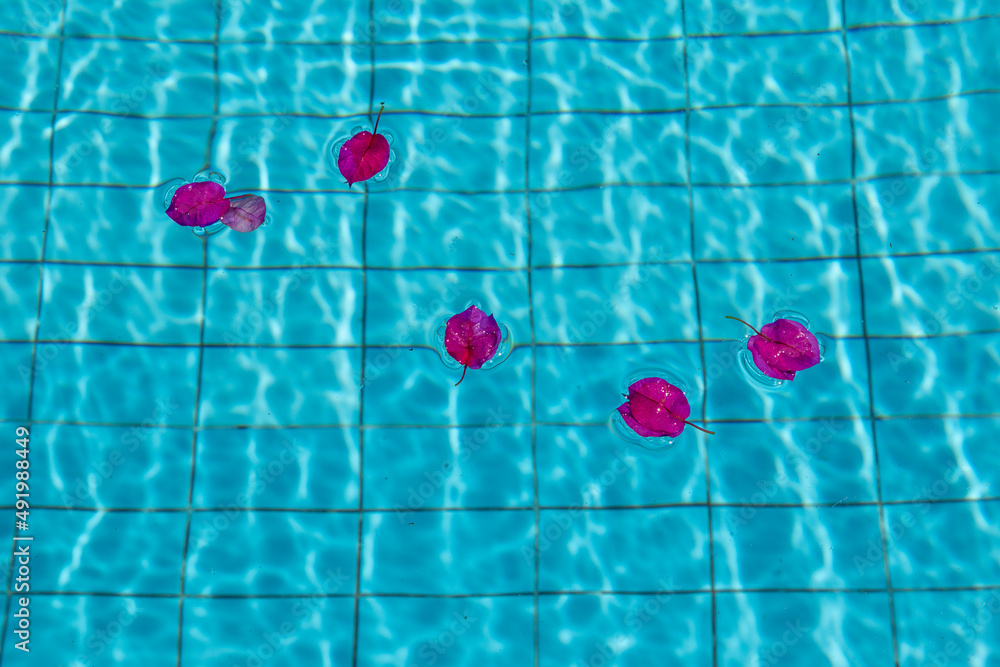 Summer swimming pool ripple and petals floting on water surface ...