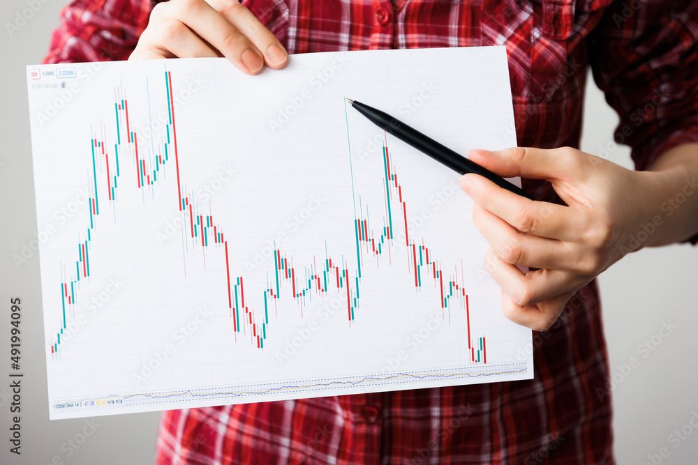 Women hand and graph chart with falling trend. Close up of female hand ...