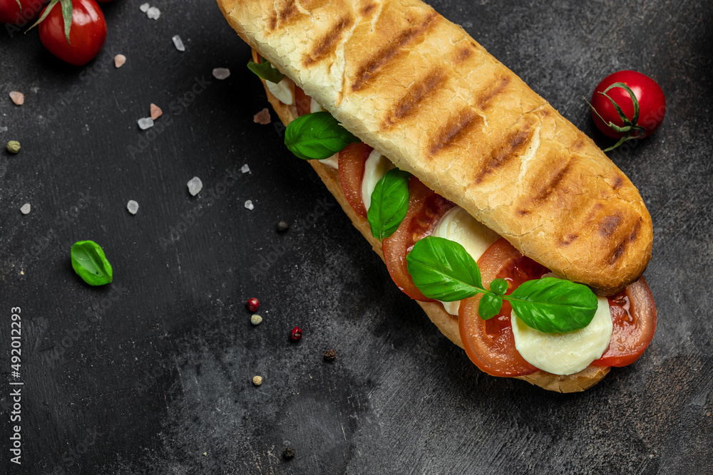 Pressed and toasted panini caprese with tomato, mozzarella and basil ...