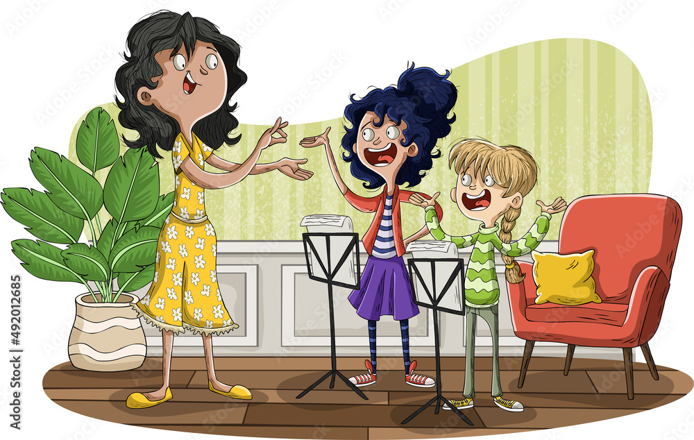 Cartoon teenagers singing with teacher. Singing class. Stock Vector ...