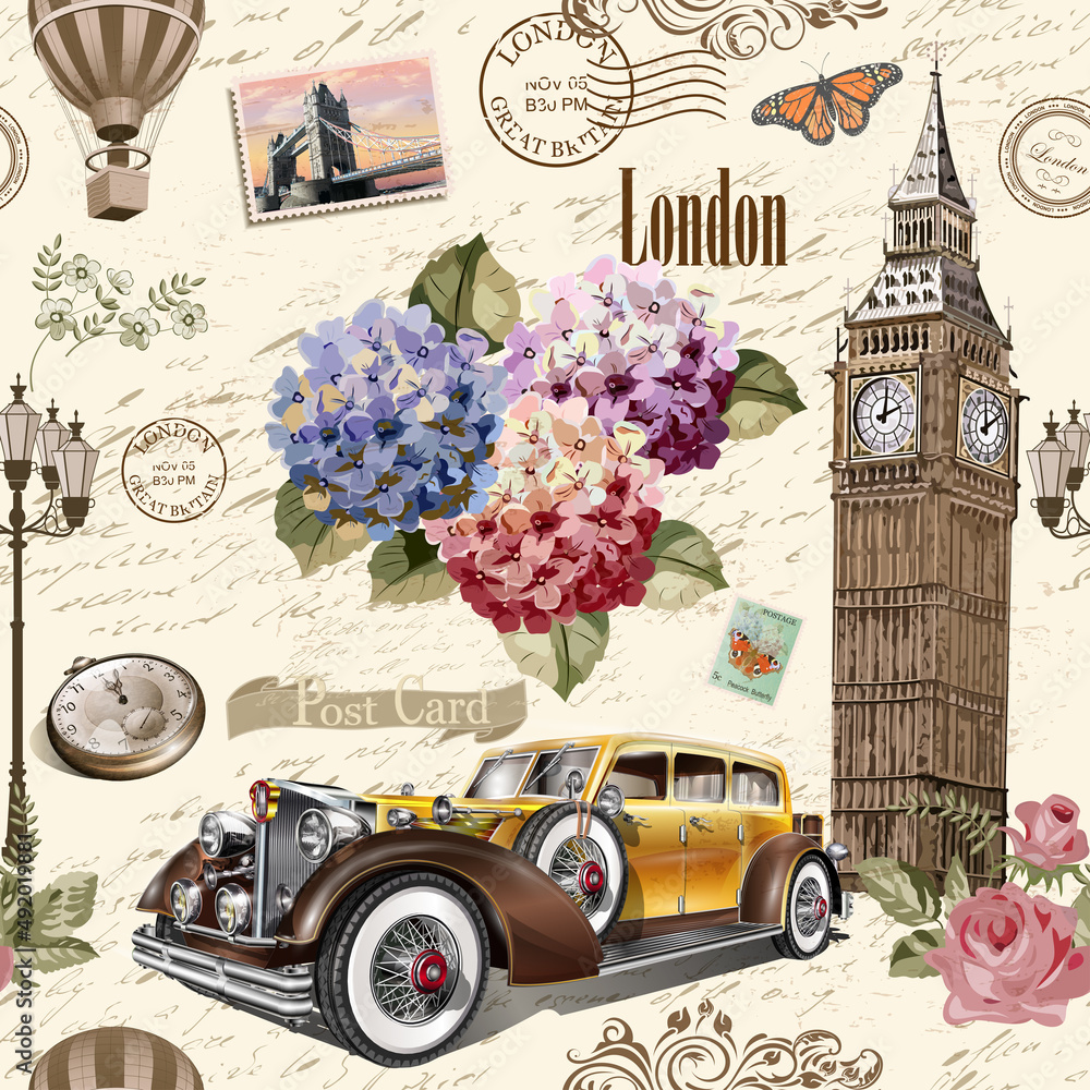 Seamless London vintage background with retro car, roses and London ...