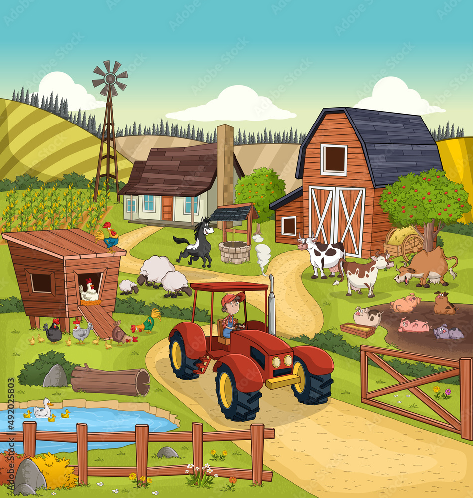 Cartoon farm with animals and farmer on tractor. Farm background. Stock ...