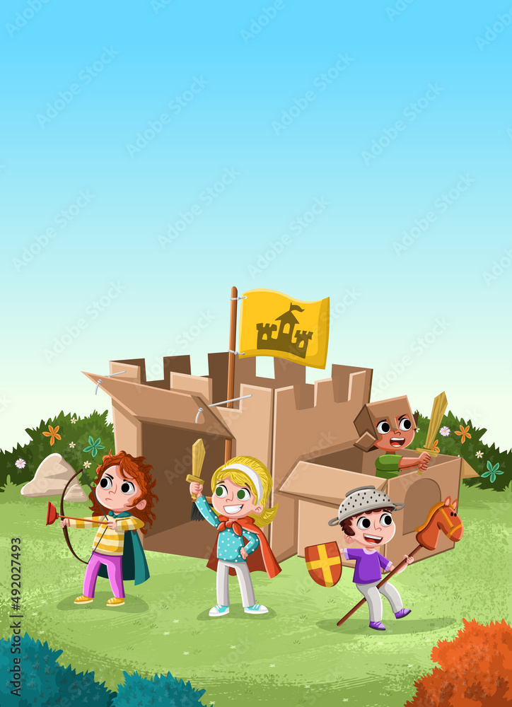 Cartoon children playing with cardboard castle on a colorful garden ...