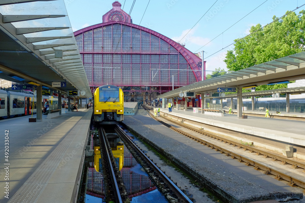 Antwerp, Belgium, May 2019, Front view of train waiting on platform of ...