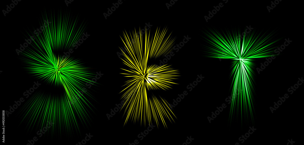 Abstract radial zoom blur surface in yellow and green tones on a black ...