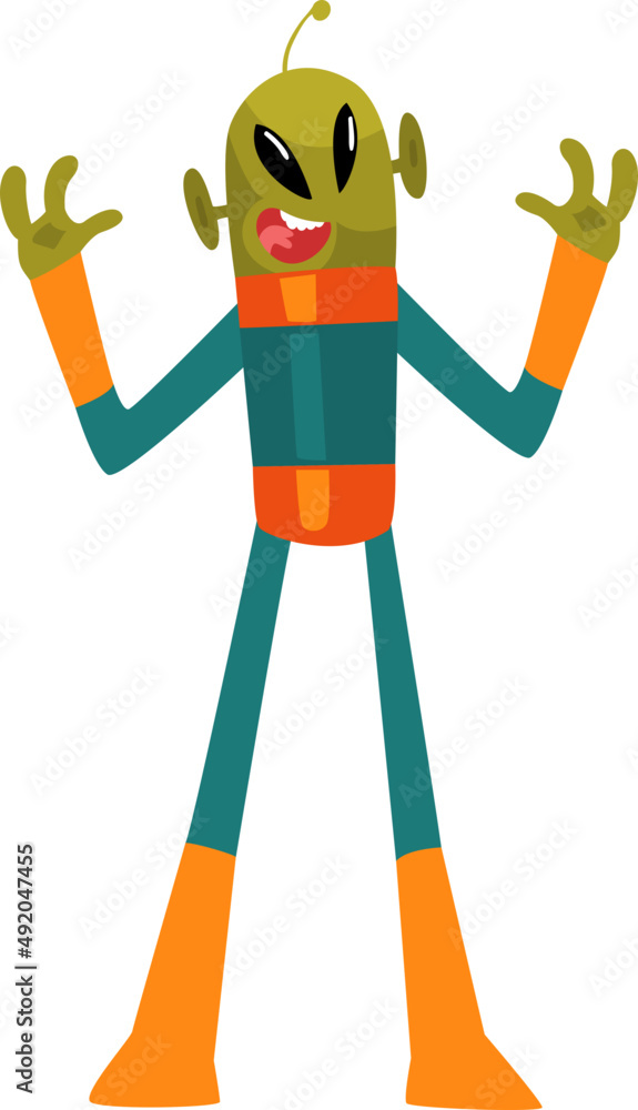 Green Alien Visitor with Antenna Standing and Showing Grimace and ...