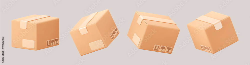 3D cardboard closed box icon set with symbols isolated on gray ...