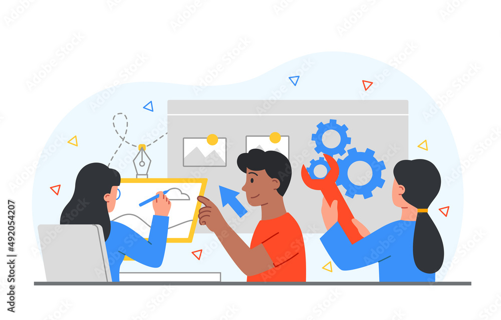 Design and Development. Men and girls create page interface, site on ...