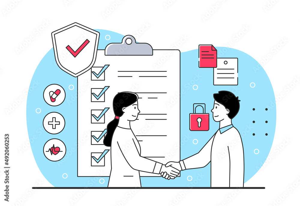 Medical insurance concept. Man and girl shake hands, characters have ...