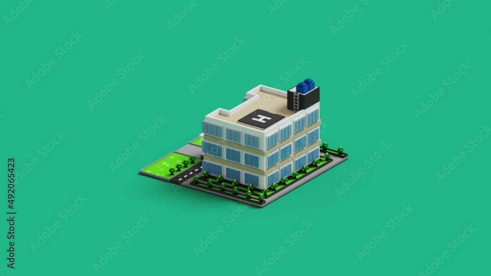 Footage of 3D hospital buildings with white, green, black and blue ...