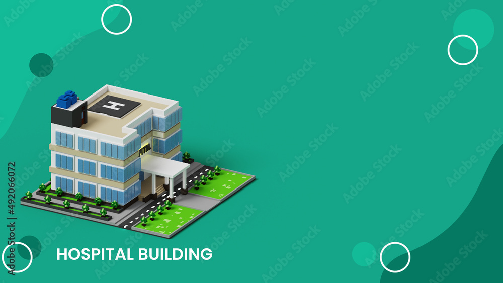 Background of 3D hospital buildings with white, green, black and blue ...