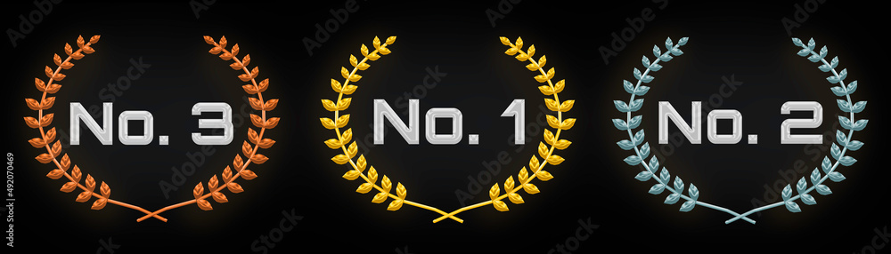 Gold silver bronze medals and wreath with numbers 1,2,3 on black ...
